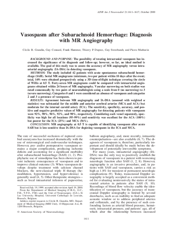 (PDF) Vasospasm after Subarachnoid Hemorrhage: Diagnosis with MR Angiography | frank hammer ...