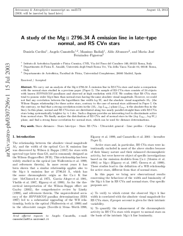 (PDF) A study of the Mg II 2796.34 Å emission line in late-type normal ...