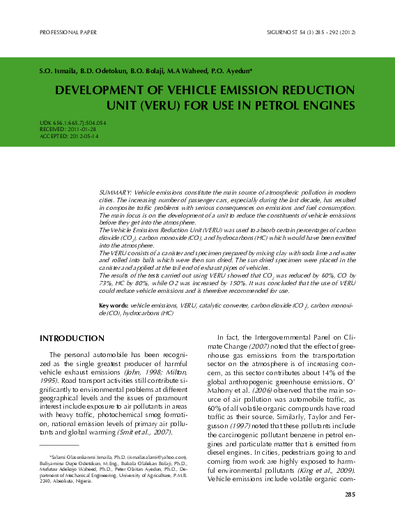 (PDF) Development of Vehicle Emission Reduction Unit (Veru) for Use in ...