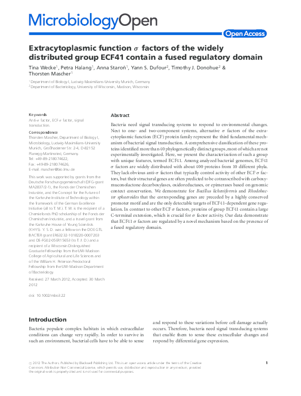 (PDF) Extracytoplasmic function σ factors of the widely distributed ...