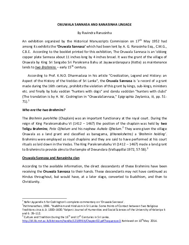 (PDF) ORUWALA SANNASA AND RANASINHA LINEAGE
