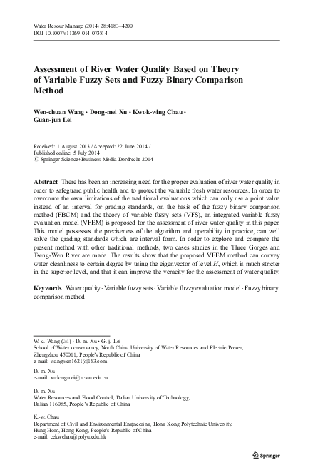 Pdf Assessment Of River Water Quality Based On Theory Of Variable Fuzzy Sets And Fuzzy Binary