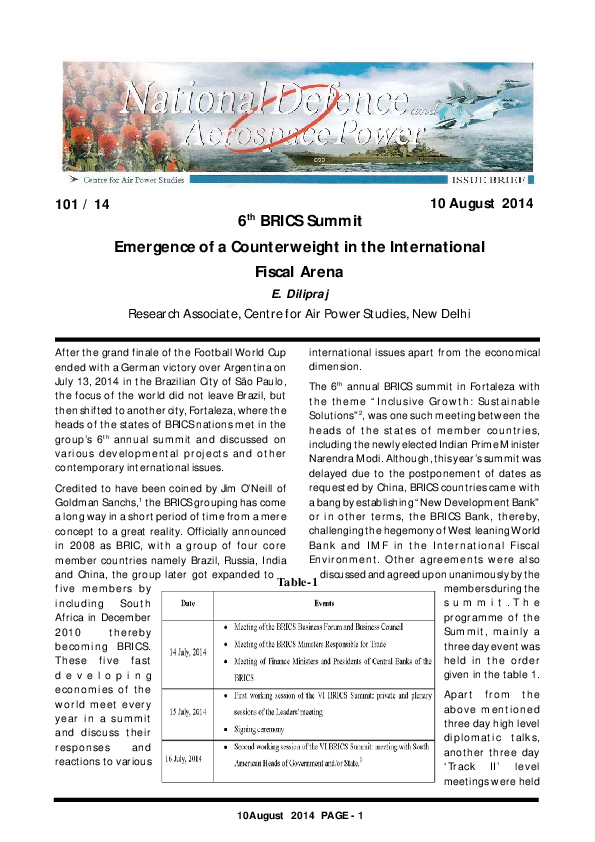 (PDF) 6th BRICS SUMMIT - EMERGENCE OF A COUNTERWEIGHT IN THE ...