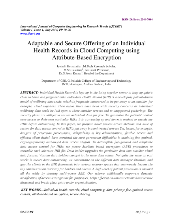 (PDF) Adaptable and Secure Offering of an Individual Health Records in Cloud Computing using ...