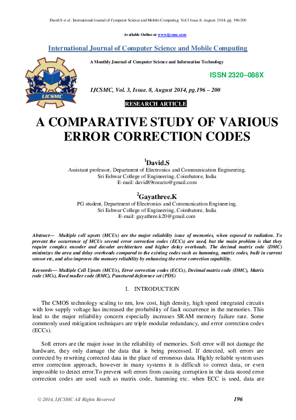 (PDF) A COMPARATIVE STUDY OF VARIOUS ERROR CORRECTION CODES﻿
