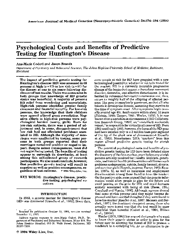 (PDF) Psychological Costs and Benefits of HD Testing