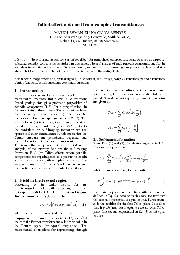 (PDF) Talbot Effect Obtained From Complex Transmittances