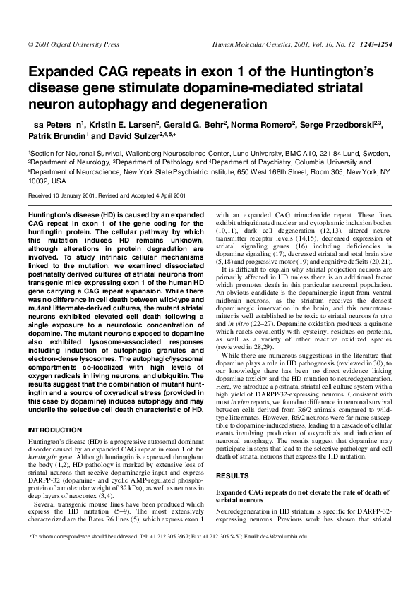 (PDF) Expanded CAG repeats in exon 1 of the Huntington's disease gene ...