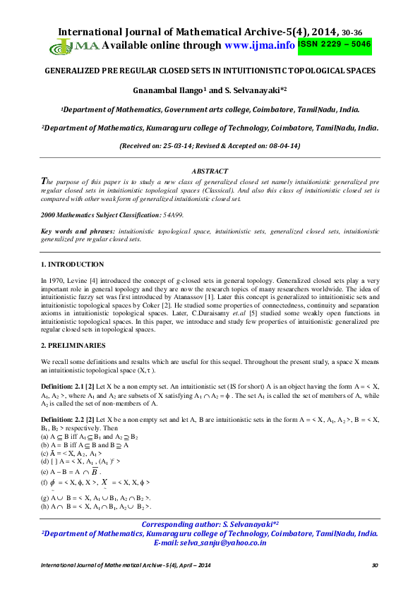 (PDF) GENERALIZED PRE REGULAR CLOSED SETS IN INTUITIONISTIC TOPOLOGICAL SPACES