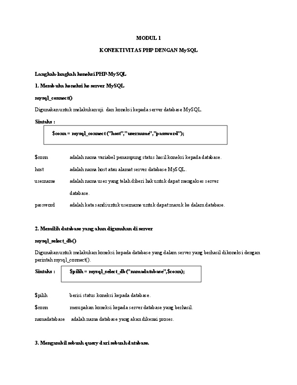 (PDF) MODUL 1 KONEKTIVITAS PHP DENGAN MySQL Langkah-langkah koneksi PHP-MySQL