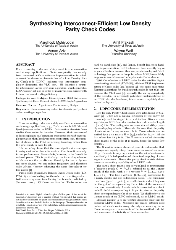 (PDF) Synthesizing interconnect-efficient low density parity check codes