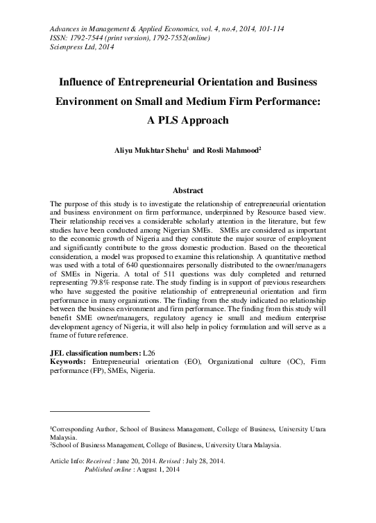 (PDF) Influence of Entrepreneurial Orientation and Business Environment on Small and Medium Firm ...
