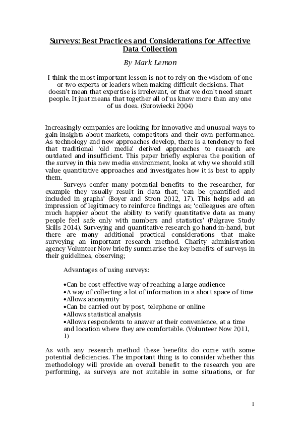 (PDF) Surveys: Best Practices for Quantitative Research