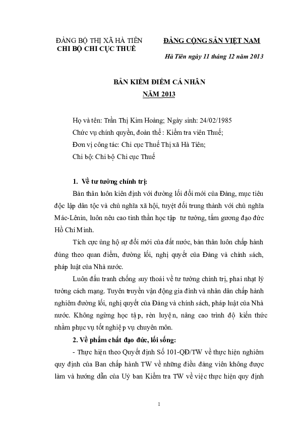 (DOC) Đ NG C NG S N VI T NAM CHI BỘ CHI CỤC THUẾ B N KI M ĐI M CÁ NHÂN NĂM 2013 1 E C D 0 3 0 0 ...