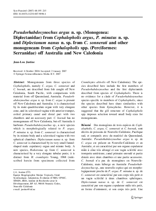 (PDF) Pseudorhabdosynochus argus n. sp.(Monogenea: Diplectanidae) from ...
