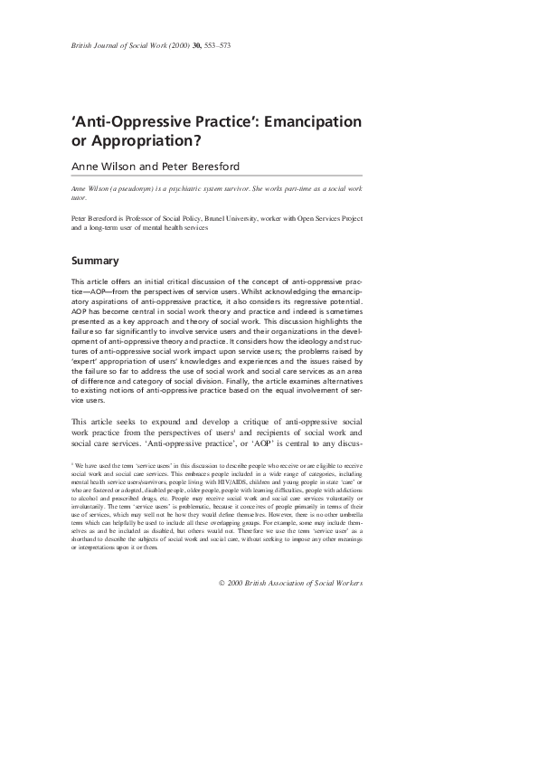 (PDF) 'Anti-Oppressive Practice': Emancipation or Appropriation