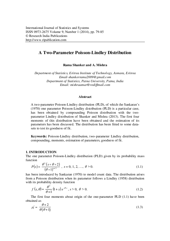 (PDF) A Two parameter Poisson Lindley distribution