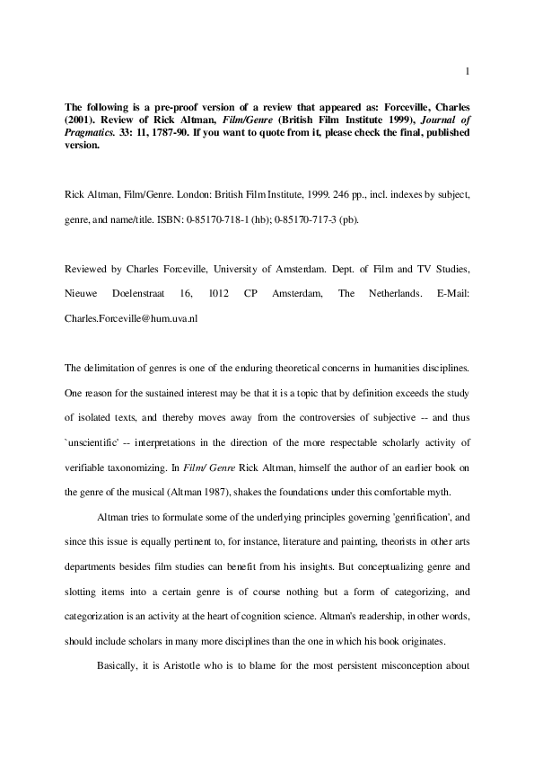 (PDF) Review of Rick Altman, Film/Genre (1999)