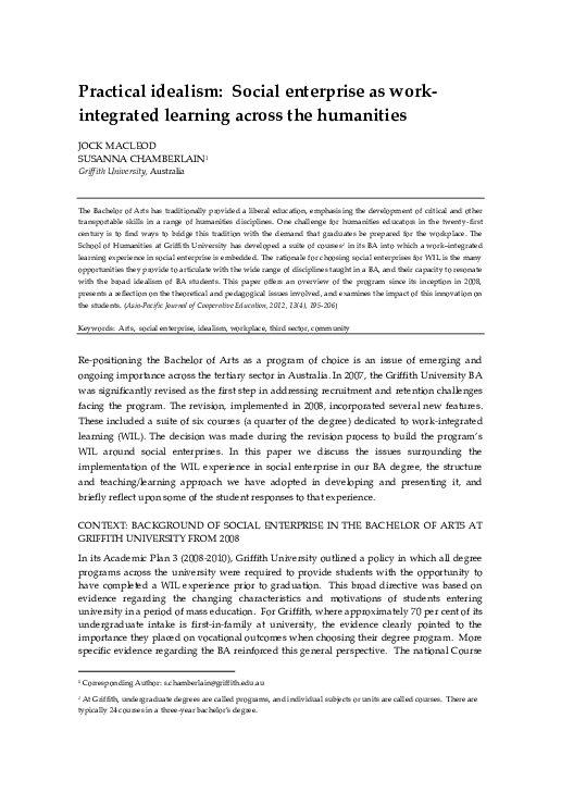 (PDF) Practical idealism: Social enterprise as work- integrated ...