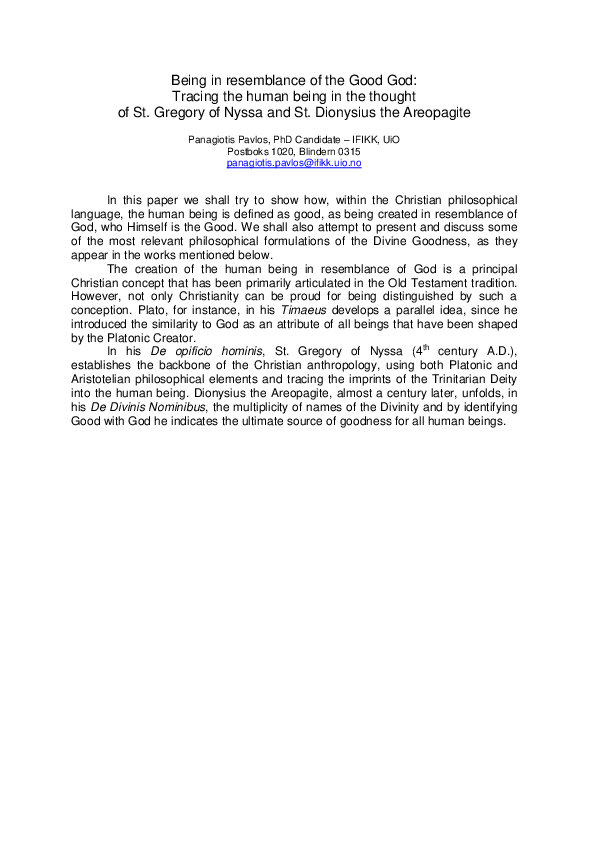 (PDF) Being in resemblance of the Good God: Tracing the human being in ...
