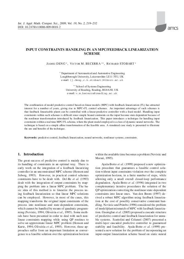 (PDF) Input Constraints Handling in an MPC/Feedback Linearization Scheme | Victor Becerra ...