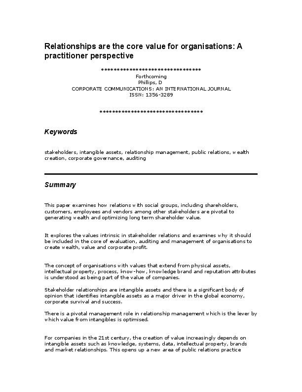 (PDF) Relationships are the core value for organisations: A ...