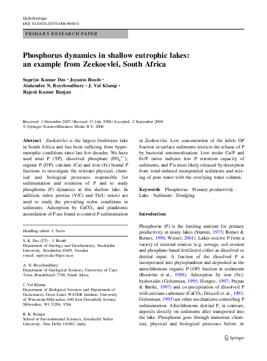 (PDF) Phosphorus Dynamics In Shallow Eutrophic Lakes: An Example From Zeekoevlei, South Africa
