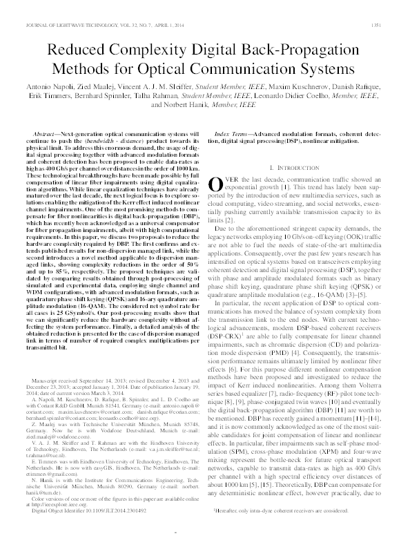 Reduced Complexity Digital Back-Propagation Methods for Optical Communication Systems