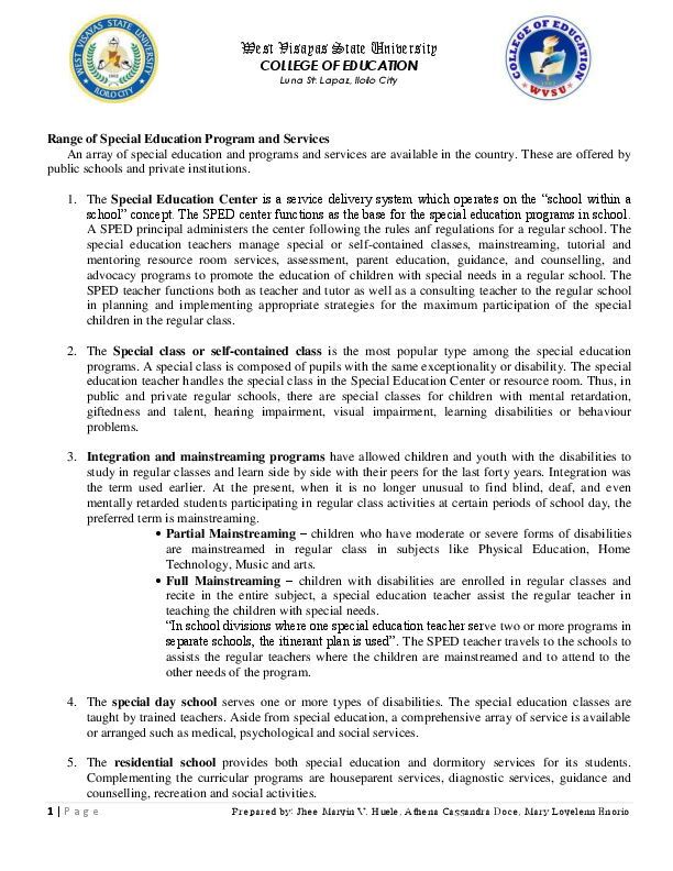 (DOC) Range of Special Education Program and Services An array of special