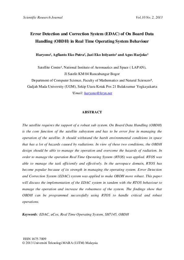 Pdf Error Detection And Correction System Edac Of On Board Data Handling Obdh In Real Time