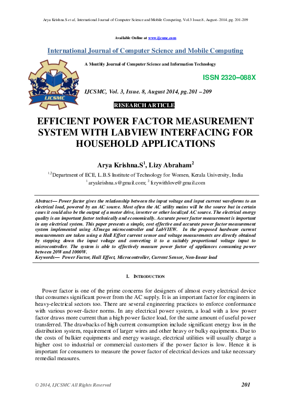 (PDF) EFFICIENT POWER FACTOR MEASUREMENT SYSTEM WITH LABVIEW INTERFACING FOR HOUSEHOLD ...
