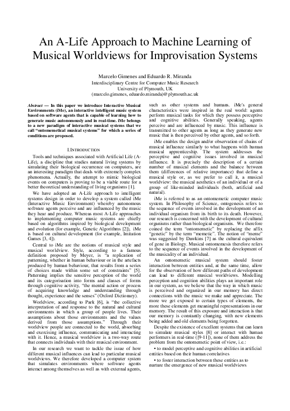 (PDF) An A-Life Approach to Machine Learning of Musical Worldviews for ...