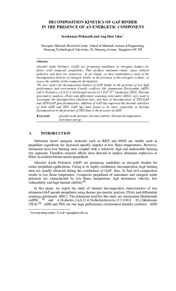 (PDF) DECOMPOSITION KINETICS OF GAP BINDER IN THE PRESENCE OF AN ...