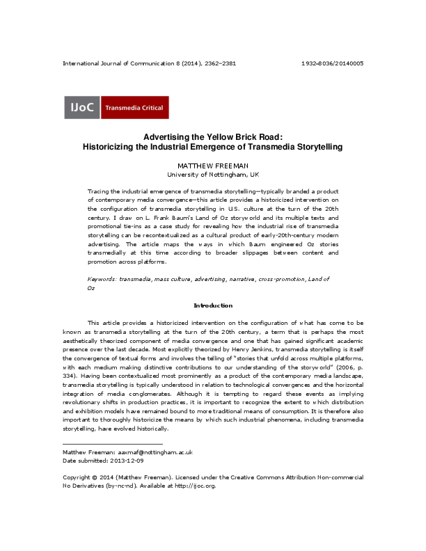 (PDF) ‘Advertising the Yellow Brick Road: Historicising the Industrial Emergence of Transmedia ...