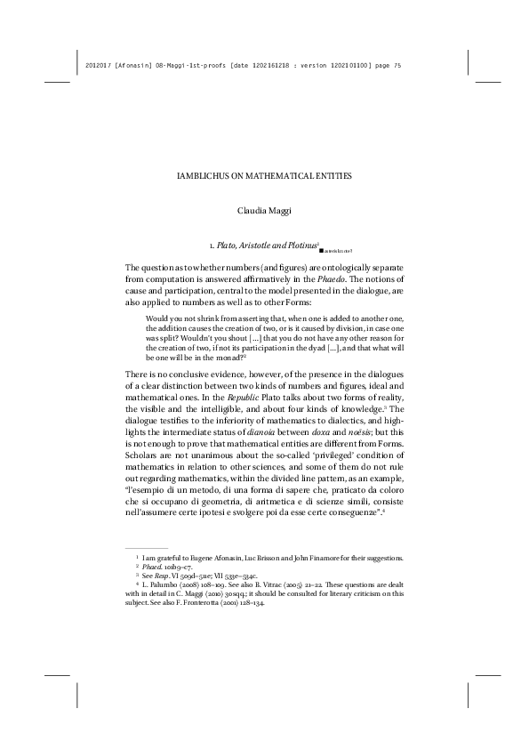 (PDF) Iamblichus on mathematical entities