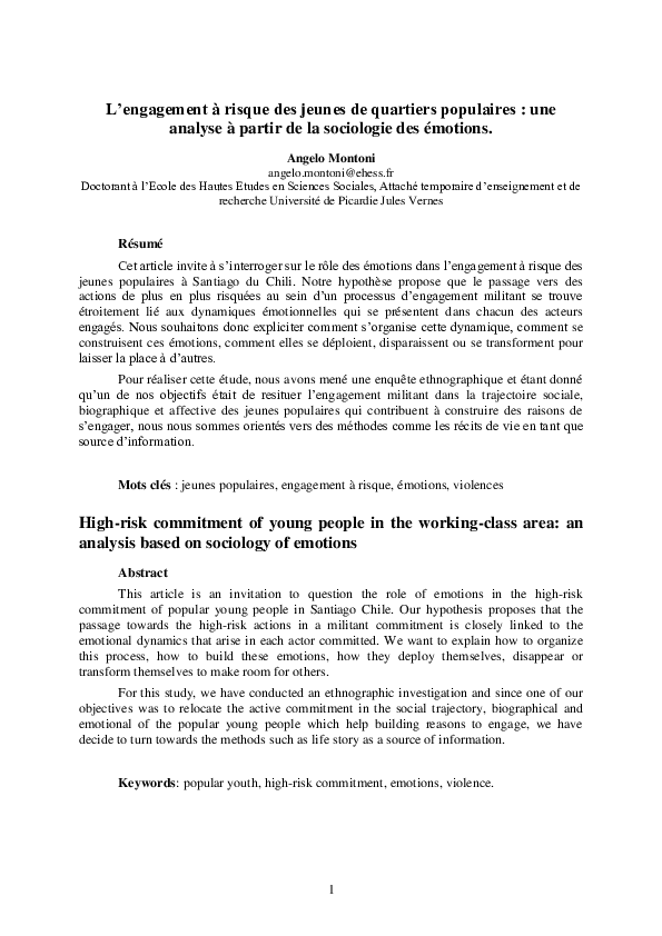 (PDF) « L’engagement à risque des jeunes de quartiers populaires : une ...