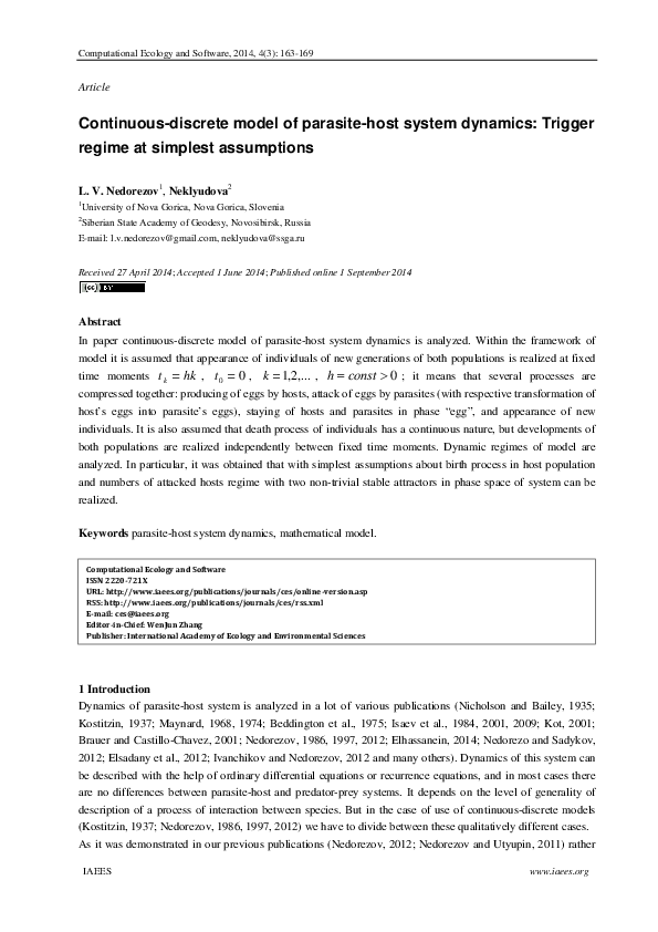 Pdf Continuous Discrete Model Of Parasite Host System Dynamics Trigger Regime At Simplest