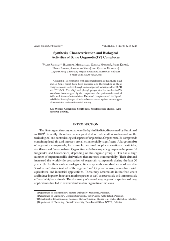 (PDF) Synthesis, Characterization and Biological Activities of Some Organotin(IV) Complexes