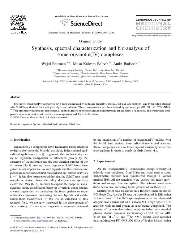 (PDF) Synthesis, spectral characterization and bio-analysis of some organotin(IV) complexes