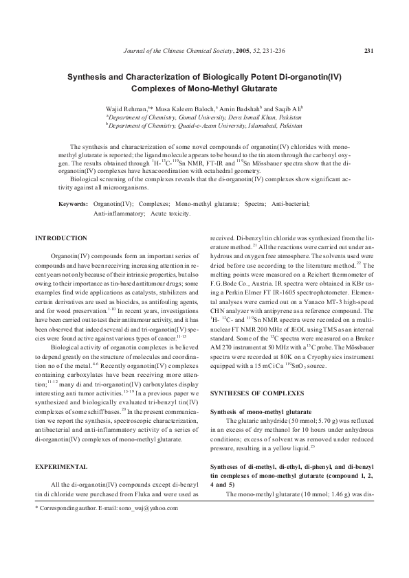 (PDF) Synthesis and Characterization of Biologically Potent Di-organotin(IV) Complexes of Mono ...