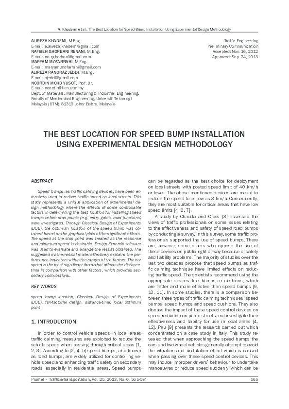 (PDF) The Best Location for Speed Bump Installation Using Experimental ...