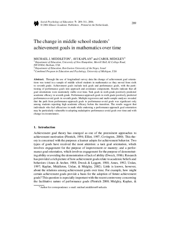 (PDF) The Change in Middle School Students’ Achievement Goals in ...
