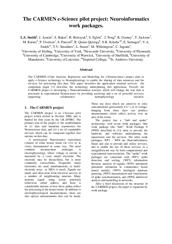 (PDF) The CARMEN e-Science pilot project: Neuroinformatics work packages