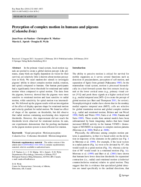 (PDF) Perception of complex motion in humans and pigeons (Columba livia ...