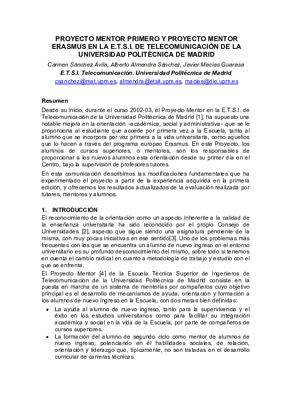 (PDF) Proyecto mentor primero y Proyecto Mentor erasmus en la ETSI de telecomunicación de la ...