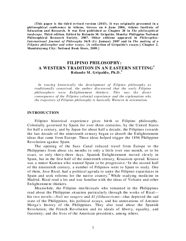 (PDF) Filipino Philosophy: A Western Tradition in an Eastern Setting (2013)