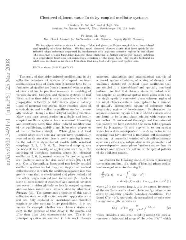Pdf Clustered Chimera States In Delay Coupled Oscillator Systems