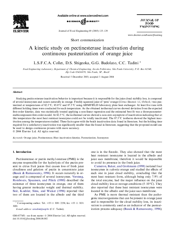 (PDF) A kinetic study on pectinesterase inactivation during continuos ...