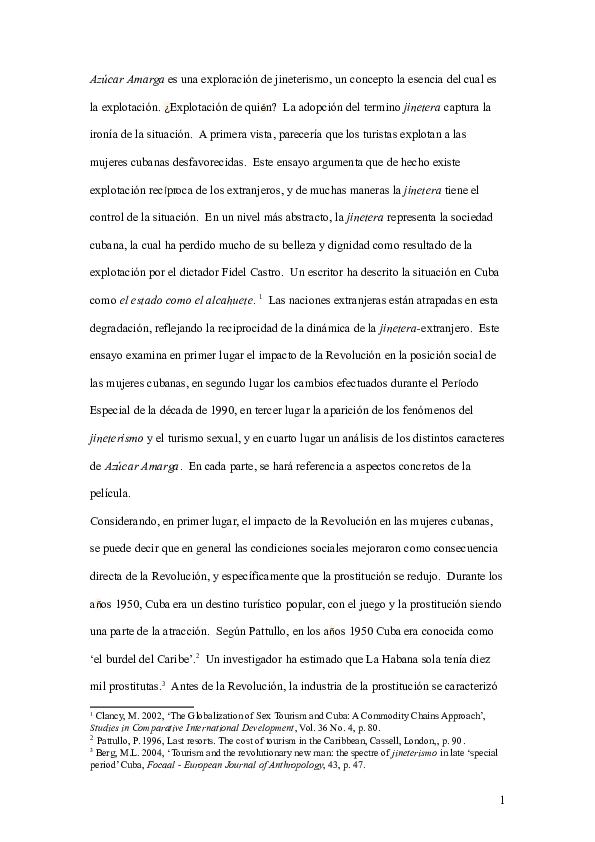 (DOC) Jineterismo en Cuba y ‘Azúcar Amarga’ (3,000 palabras,en español)