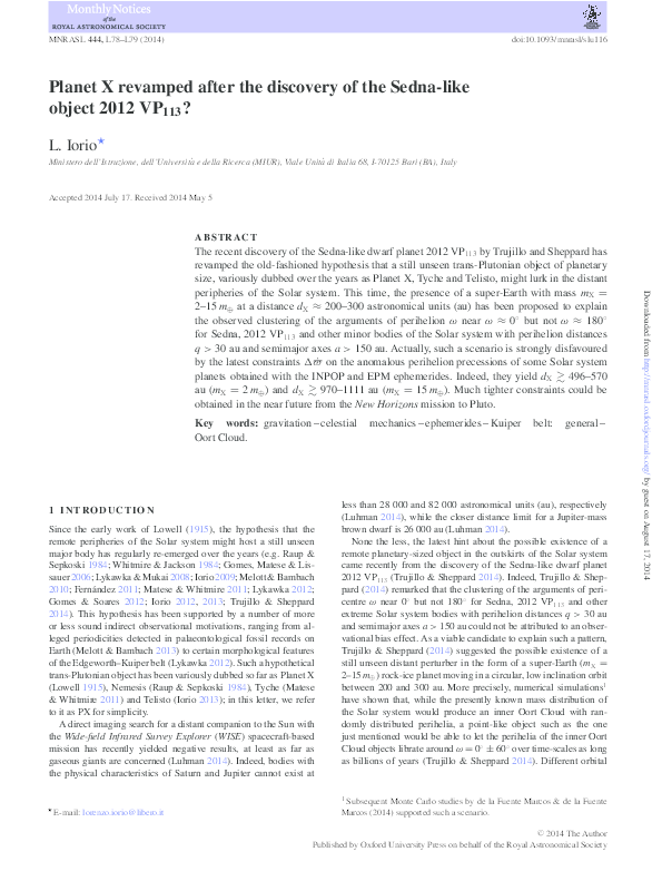 (PDF) Planet X revamped after the discovery of the Sedna-like object 2012 VP113?